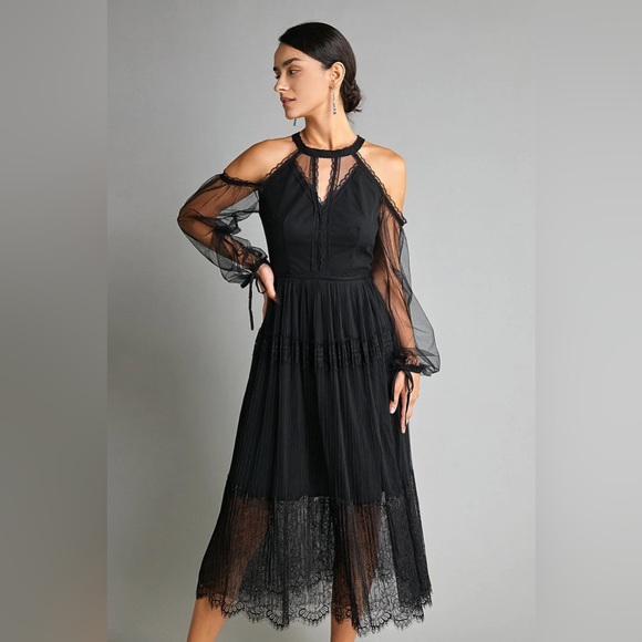 J.ING | Dresses | Jing Cold Shoulder Mesh Overlay Keyhole Pleated Dress ...